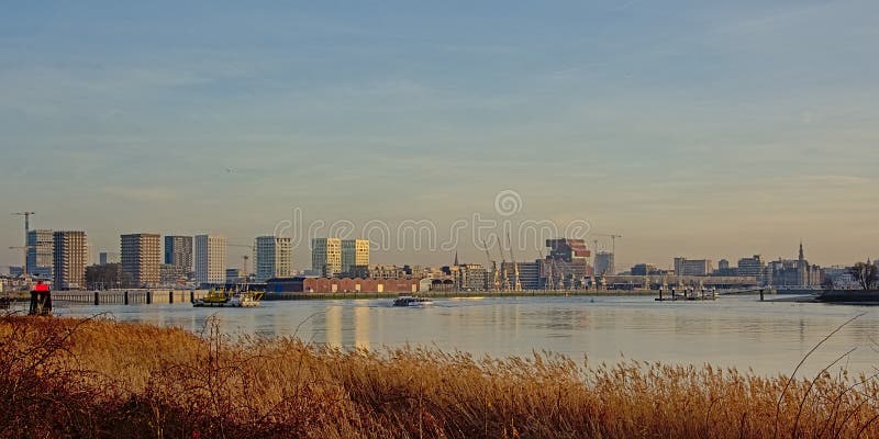 De Horizon Van Antwerpen Van Over Rivier Schelde, in Warm Avondlicht ...