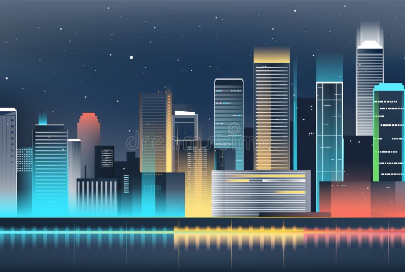 De Horizon Van De Nachtstad Met Neonlichten Moderne Stad Vector Vector ...