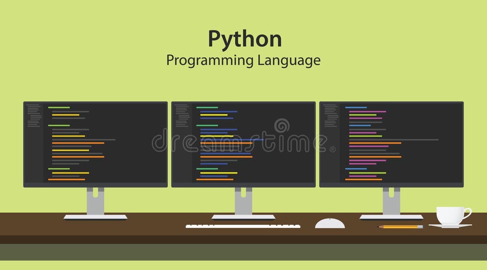 Illustratie Van De Programmeertaal Python Met Programmacode Op De Werkplek Van Een Programmeur ...