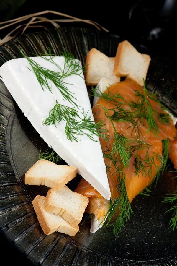 Speciale kaas met zalm stock foto. Image of vinger, brie - 21905358