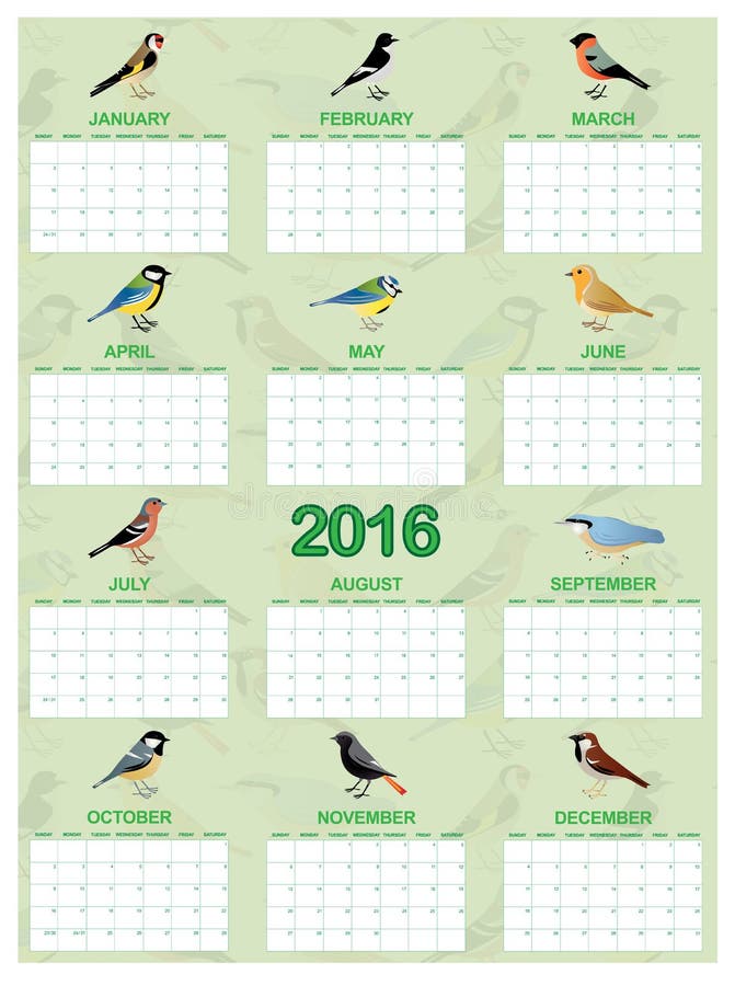 De Kalender Van 2016 Op Het Engels Vector Illustratie - Illustration of ...