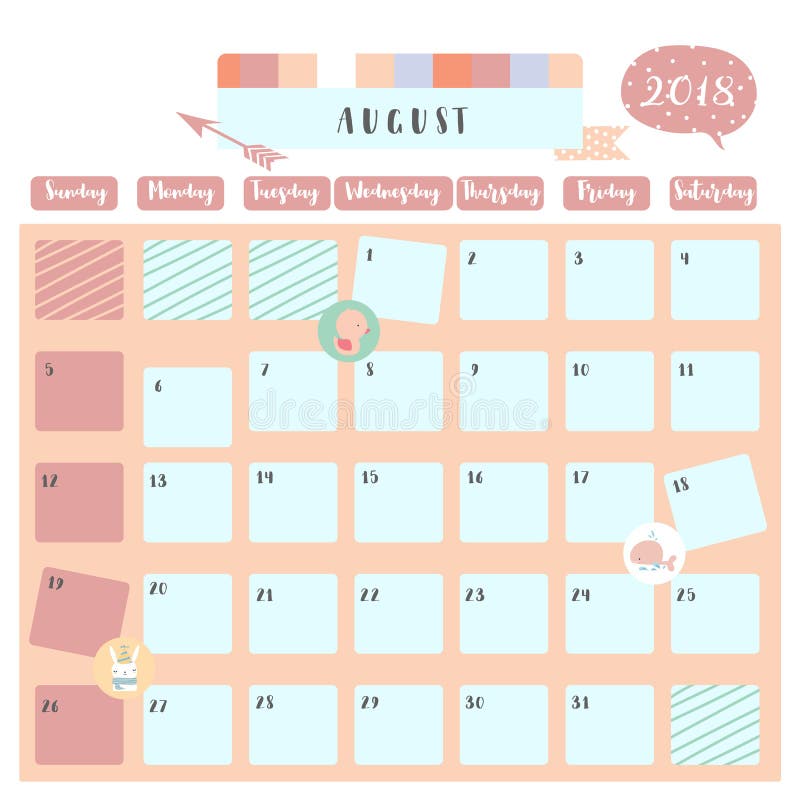 De Kleurrijke Leuke Kalender Van Augustus 2018 Met Eend, Walvis En ...