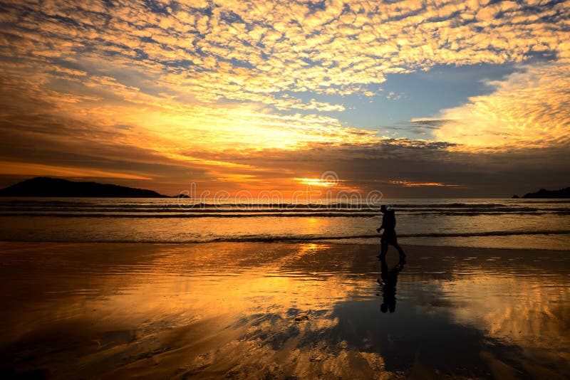 De Man Het Strand En De Zonsondergang Stock Afbeelding - Image of ...