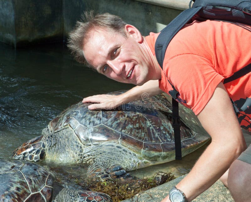 De Man Strijkt Een Pantser Van Een Grote Schildpad Stock Foto - Image ...