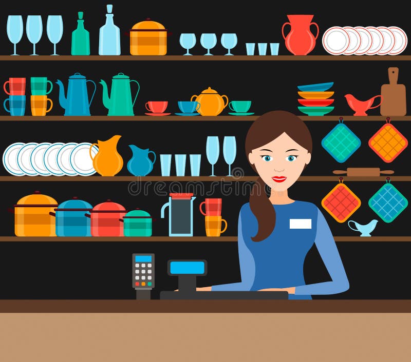 De Meisje-verkoper in De Winkel Met De Schotels Vector Vector ...