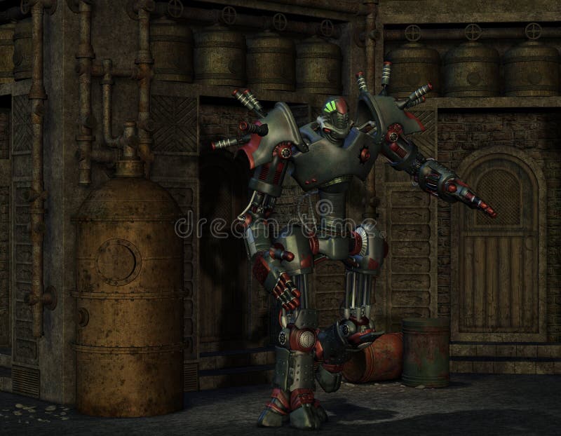 Gevechtsrobot in Een Oude Machinekamer Stock Illustratie - Illustration ...