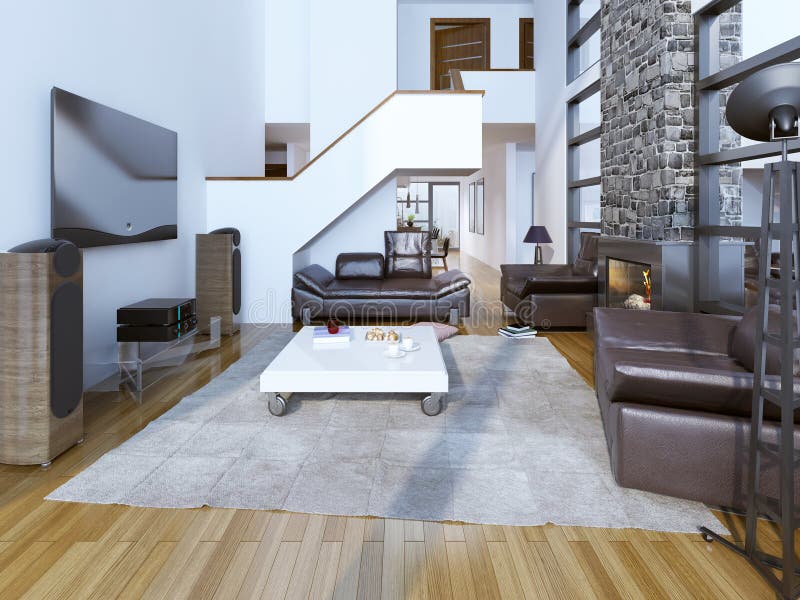 De Ruimte Van De Hoog-plafondzitkamer Met Open Haard Stock Foto - Image ...