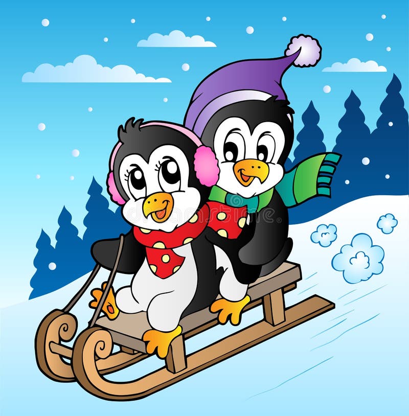 De Scène Van De Winter Met Pinguïnen Het Sledging Vector Illustratie ...
