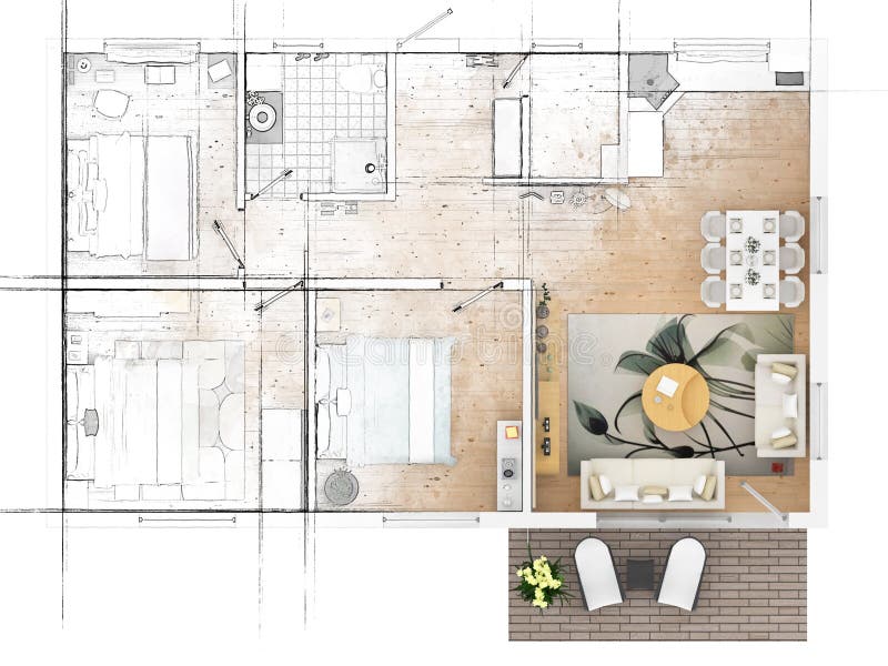 Vloerplan Van Een Huis Hoogste Mening Open Concept Het Leven Flatlay ...