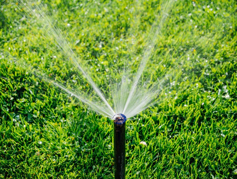 Het Watersproeier Die Van Het Irrigatiesysteem in Tuin Werken Stock ...