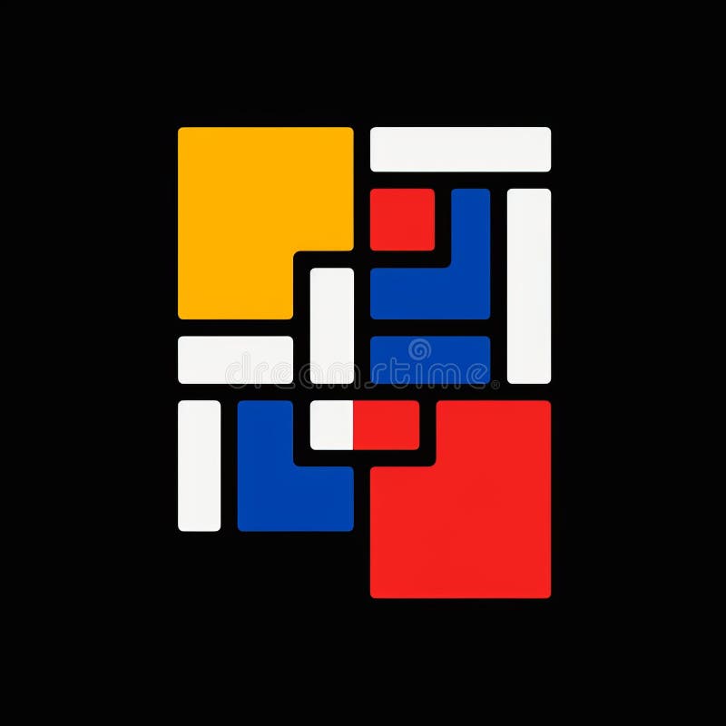 De Stijl Inspired Logo with Colorful Squares on Black Background Stock ...