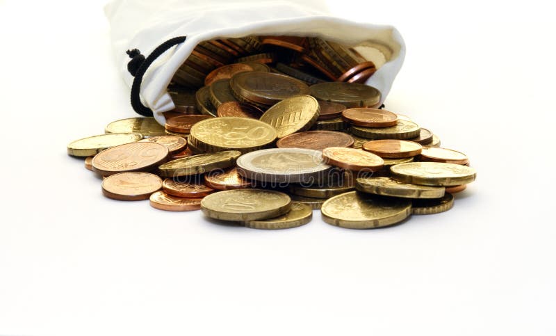 De Witte Zak Van Het Geld Van Euro Muntstukken Stock Foto - Image of ...