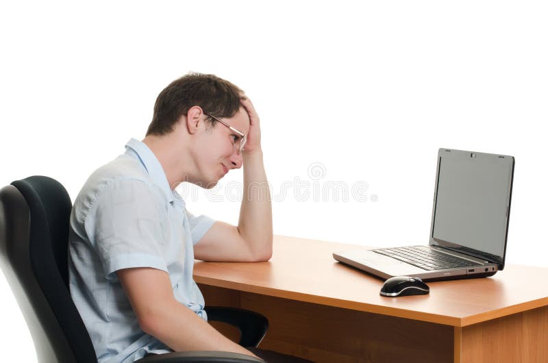 De Zakenman Achter Een Lijst Met De Computer Stock Afbeelding - Image ...