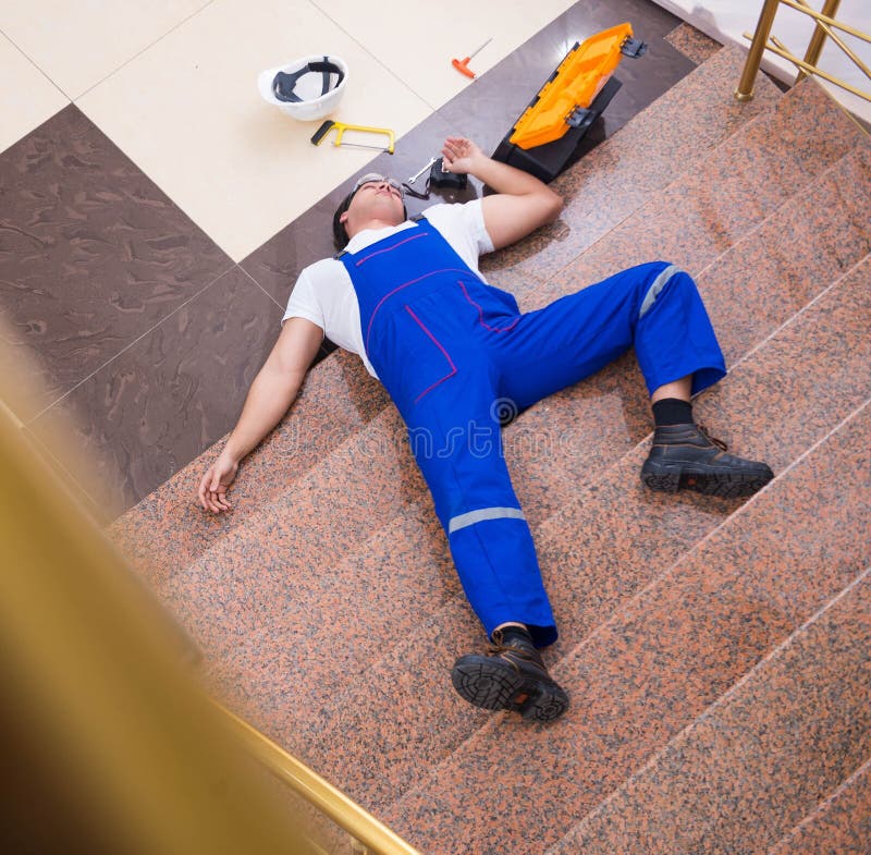 Dead Contractor Worker Felling Off the Stairs Stock Image - Image of ...