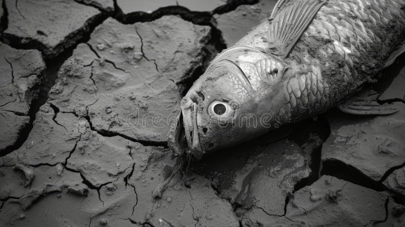 Drought Climate Change Impact Dead Fish Cracked Earth Stock Photos ...