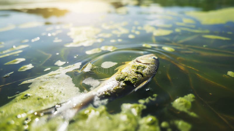 Dead Fish in Polluted Water Covered with Algae, Floating Lifelessly ...