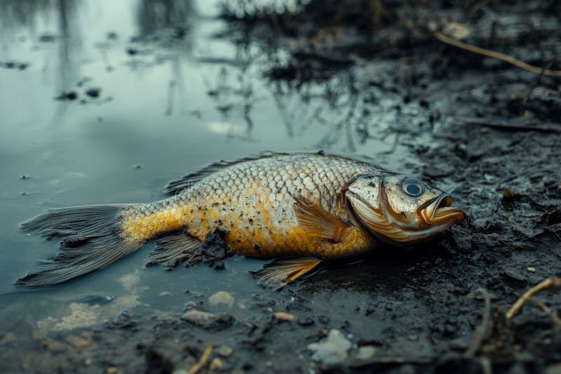 ?Dead Fish Lies on the Muddy Bank of a Polluted River, Highlighting the ...