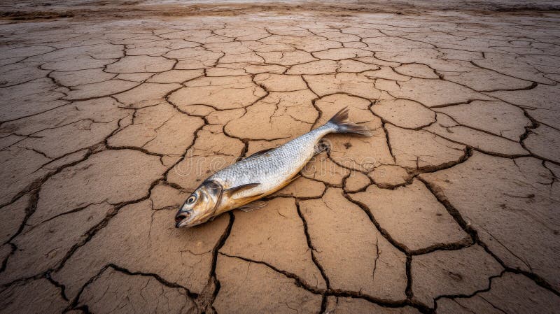 A Dead Fish Lying in a Dry Riverbed with Cracked Mud. Water Crisis and ...
