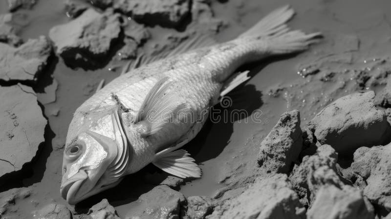 Lifeless Fish on Dried Mud Surface, Monochrome Drama Stock Photo ...