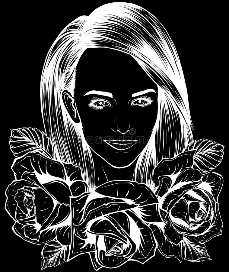 Girl in White Line on Black Background Stock Illustration ...