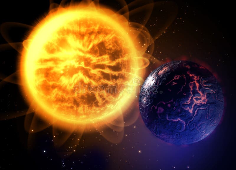 Dead Lava Planet in Cold Sapce with Big Sun Stock Illustration ...