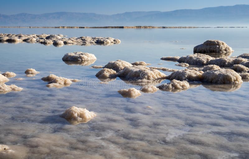 Dead Sea Salt on Beach at Sunrise. Stock Image - Image of chemical ...