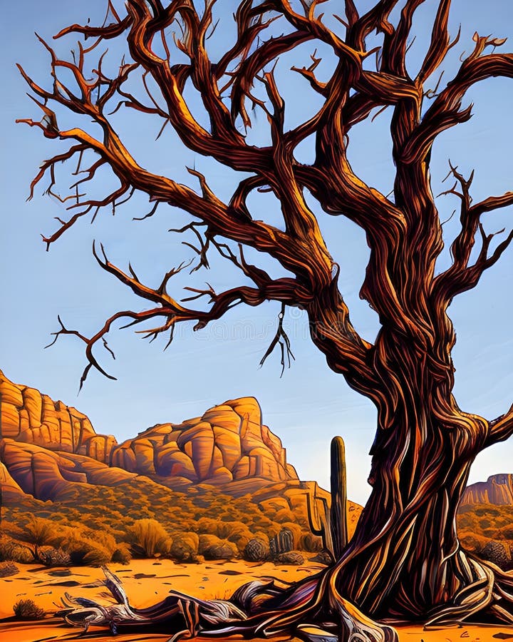 Dead Tree with Bare Branches in Desert Landscape, Generative Ai Stock ...
