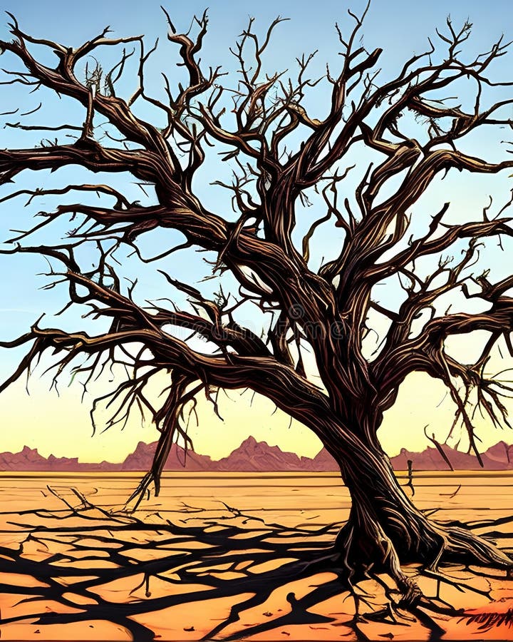 Dead Tree with Bare Branches in Desert Landscape, Generative Ai Stock ...
