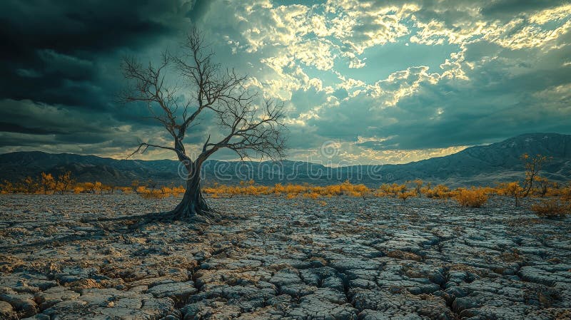 Dead Tree in a Barren Landscape with Cracked Soil and Clear Blue Sky in ...