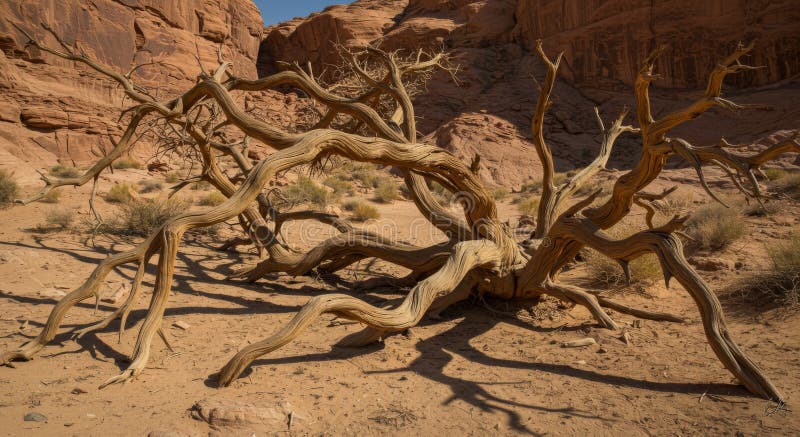 Dead Tree in Desert Canyon Under Bright Sunlight Stock Illustration ...