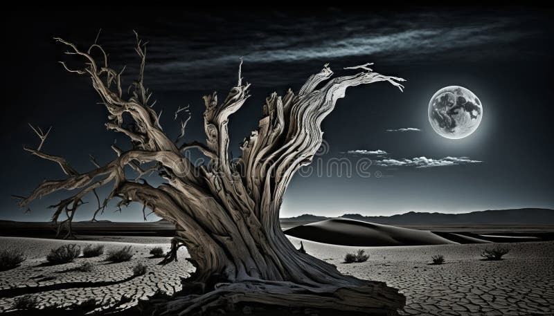 Dead Tree in the Desert at Night with Full Moon. Generative AI Stock ...