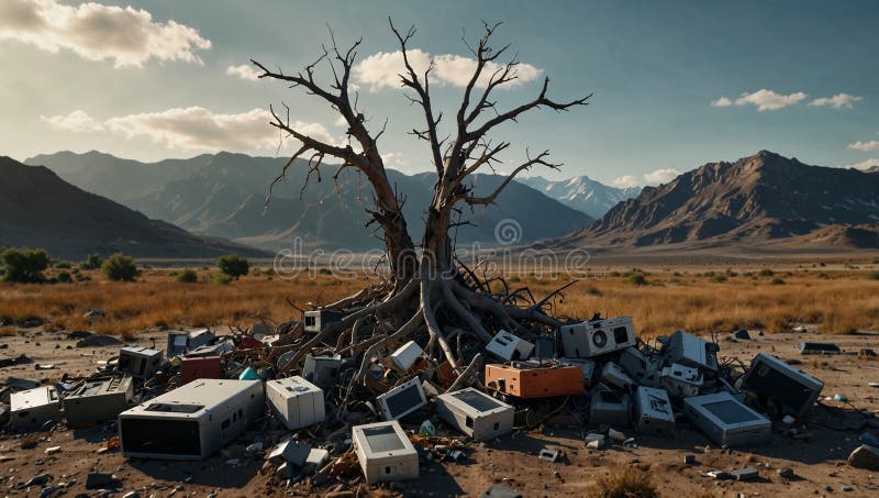 Dead Tree Growing from a Pile of Electronic Waste. Minimal Pollution ...