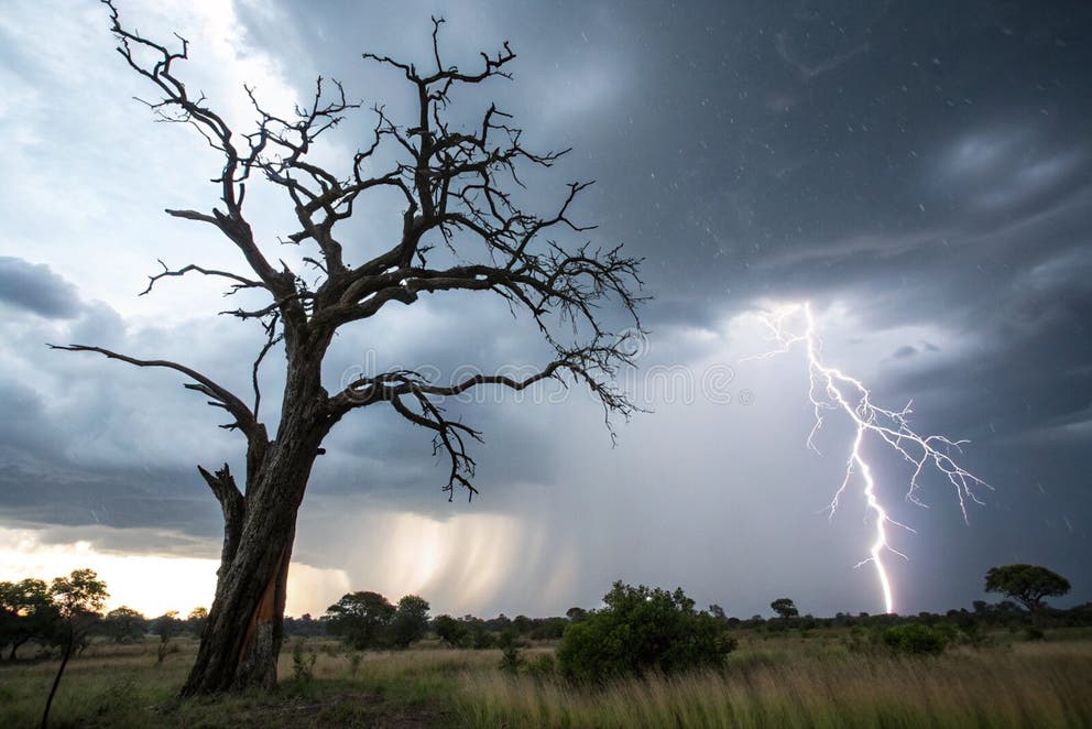Dead Tree and Lightning in a Storm Stock Illustration - Illustration of landscape, clouds: 367517853