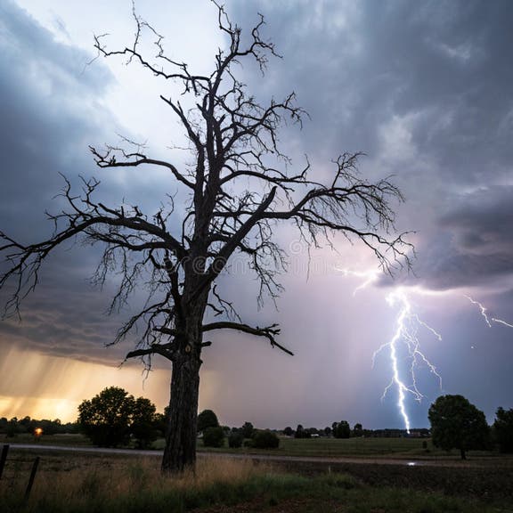 Dead Tree and Lightning in a Storm Stock Illustration - Illustration of storm, lighting: 367540422