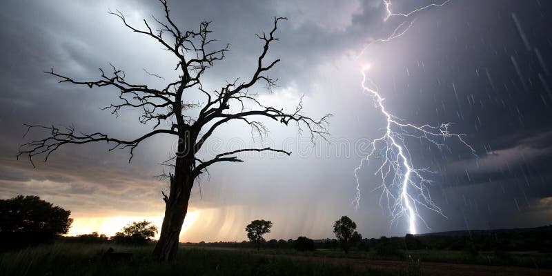 Dead Tree and Lightning in a Storm Stock Illustration - Illustration of ...