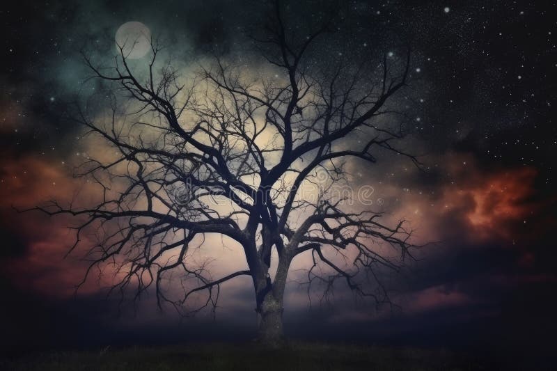 Dead Tree Over Night Sky, Generative AI Stock Photo - Image of twisted ...