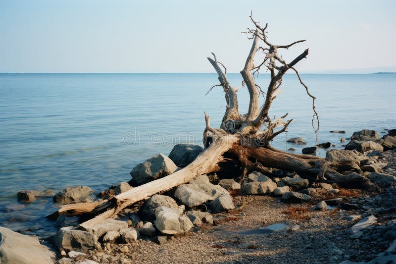 A Dead Tree on the Shore of a Lake Stock Illustration - Illustration of ...