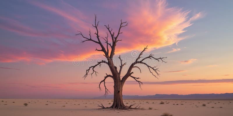 A Dead Tree Standing Alone in a Vast Desert Under a Colorful Sunset Sky ...