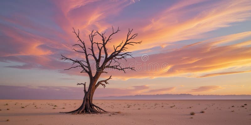 A Dead Tree Standing Alone in a Vast Desert Under a Colorful Sunset Sky ...