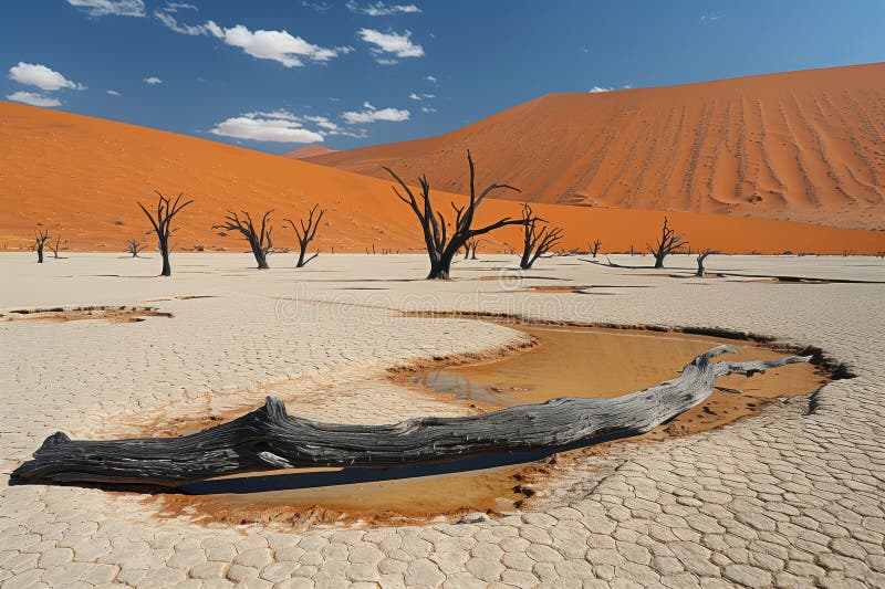Dead Trees in a Desert Claypan Against the Backdrop of Sand Dunes Stock ...