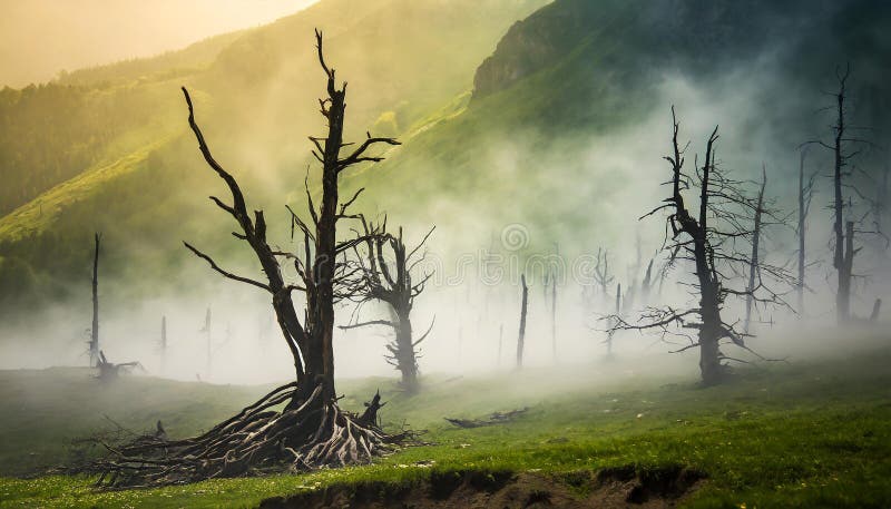 Dead Trees with Dust and Fog. Global Warming, Apocalypse Stock ...