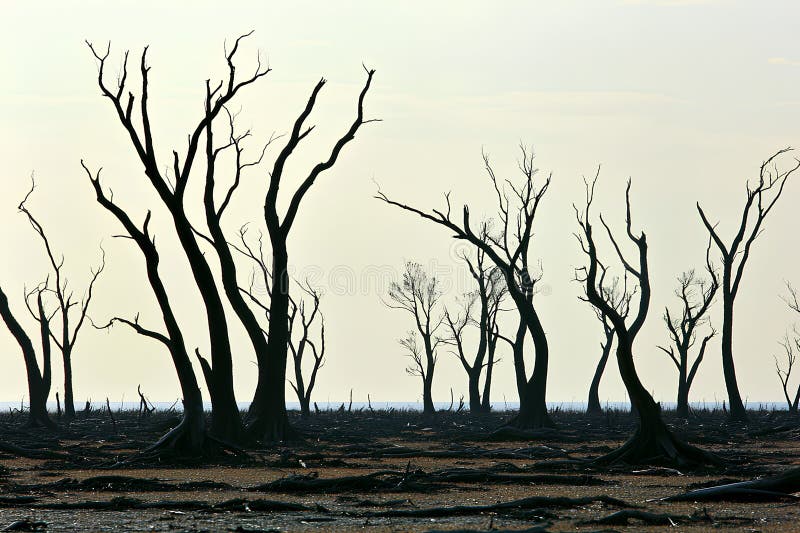 Dead Trees in the Field after a Bushfire in the Evening. Stock ...
