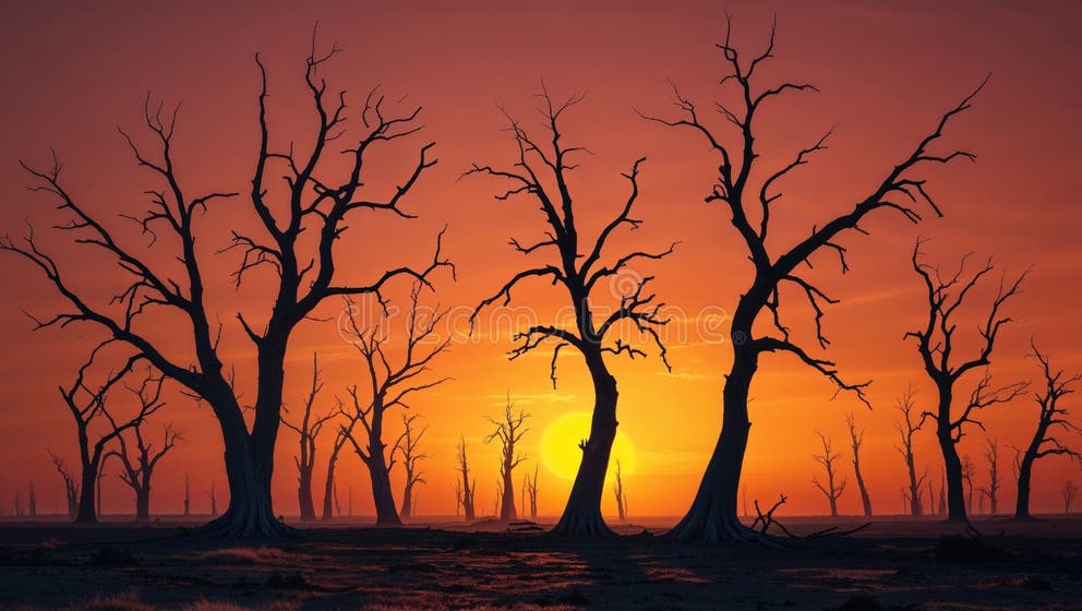 Dead Trees Under Orange Sunset Desolate and Dramatic Landscape Stock ...