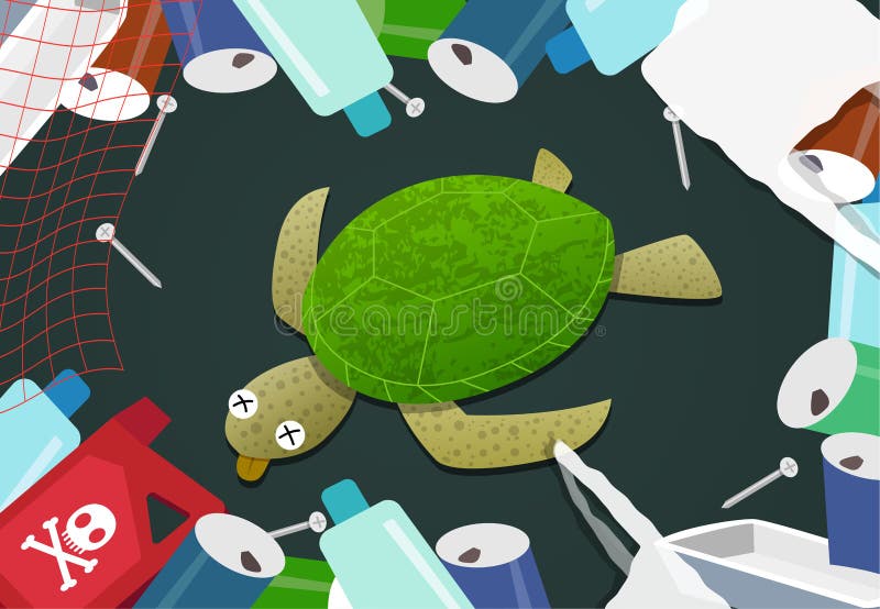 Dead Turtle in Pile of Garbage at Ocean Pollution Stock Vector ...