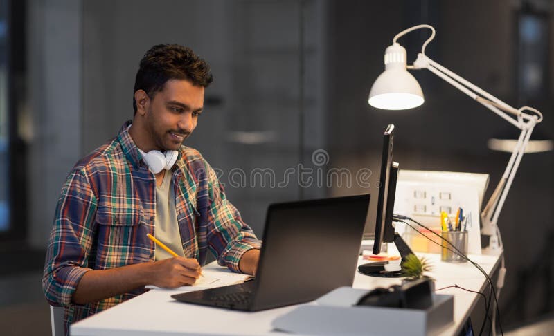 Creative Man with Laptop Working at Night Office Stock Image - Image of ...