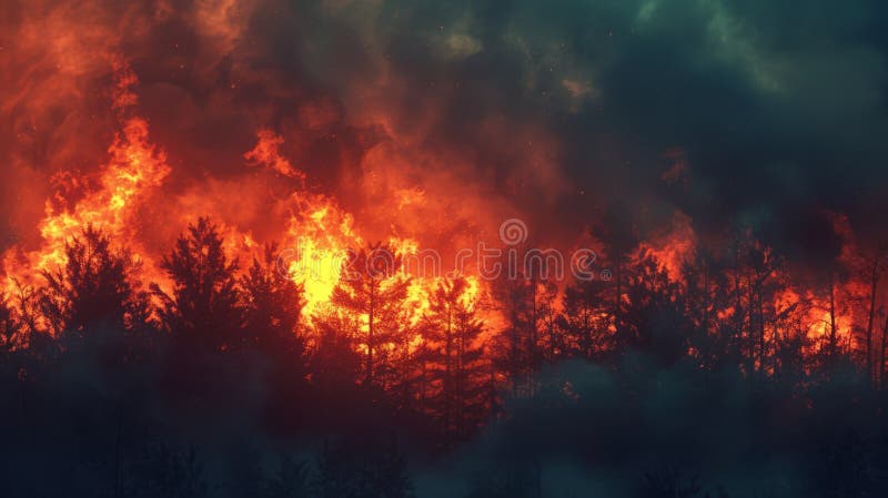 A Deadly Forest Fire is Raging in a Wooded Area, Flames are Rising into ...