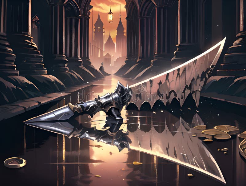 Deadly Sword or Blade in Puddle Post Battle Scene Stock Illustration ...