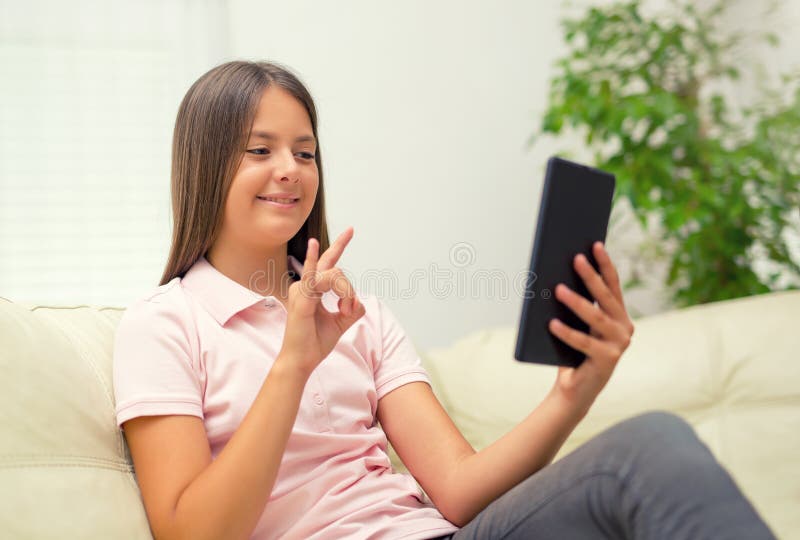 Deaf Girl Talking Using Sign Language on the Smartphone S Cam Stock ...