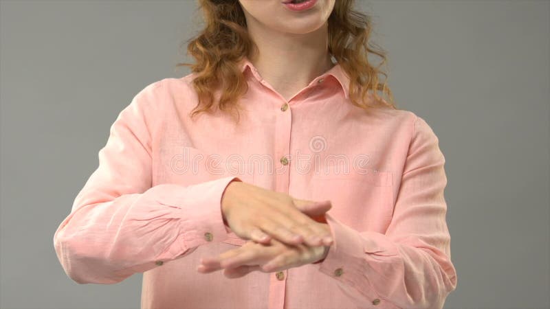 Deaf Lady Saying Good Morning in Sign Language, Text on Background ...