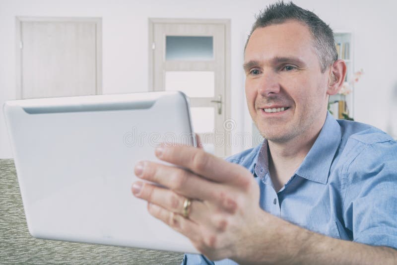 Deaf Man Using Sign Language on the Tablet Stock Photo - Image of ...